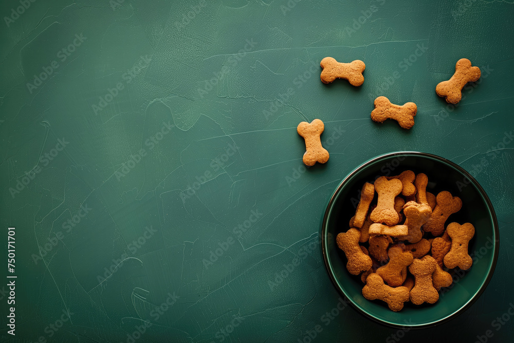 Top view of a teal bowl with dog biscuits on a textured green surface ...