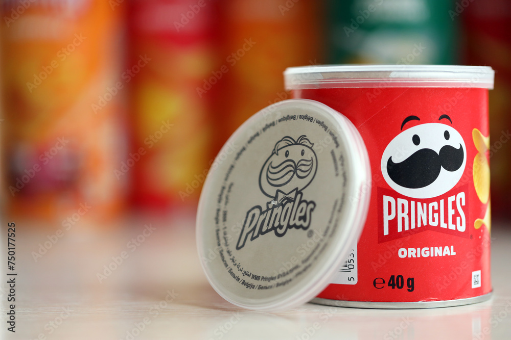KYIV, UKRAINE - FEBRUARY 27, 2024 Pringles original potato chips on ...