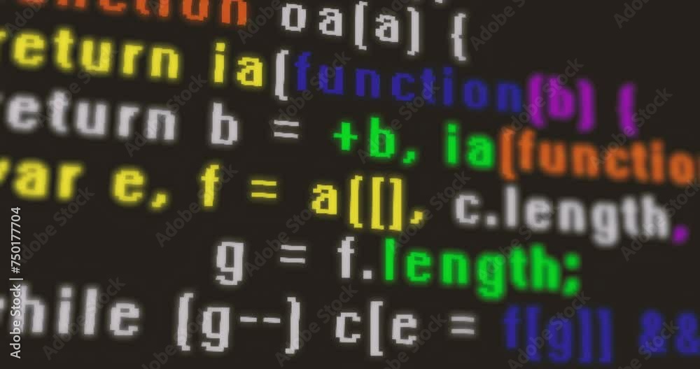 Program code, symbols appear randomly, glitch. Colorful computer programming code, close up ...