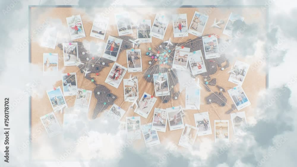 Camera flies through animated white clouds zoom in overlooking cork ...