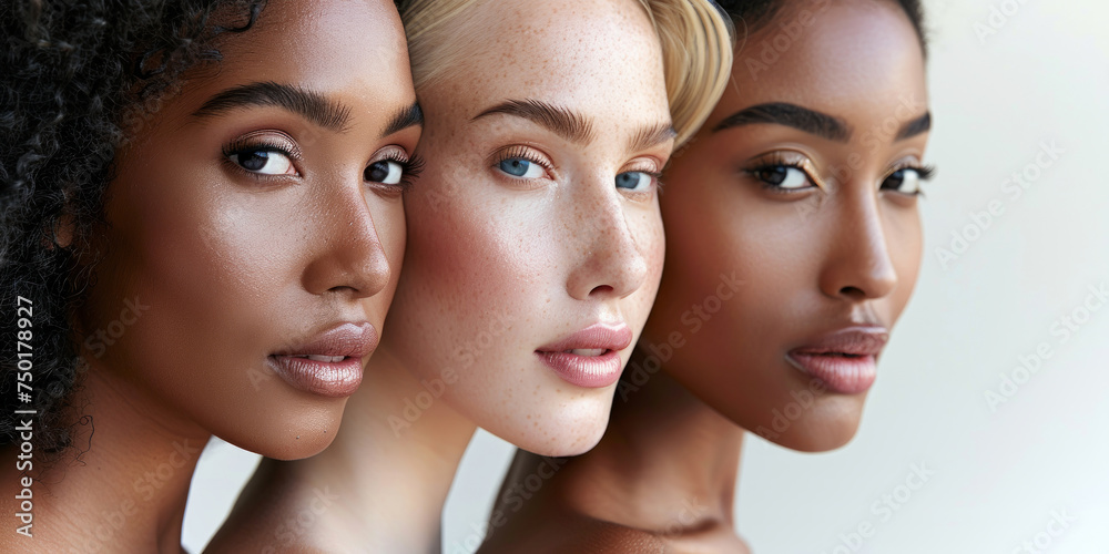 Ritratto di 3 visi di di belle donne con bellezza naturale e pelle ...