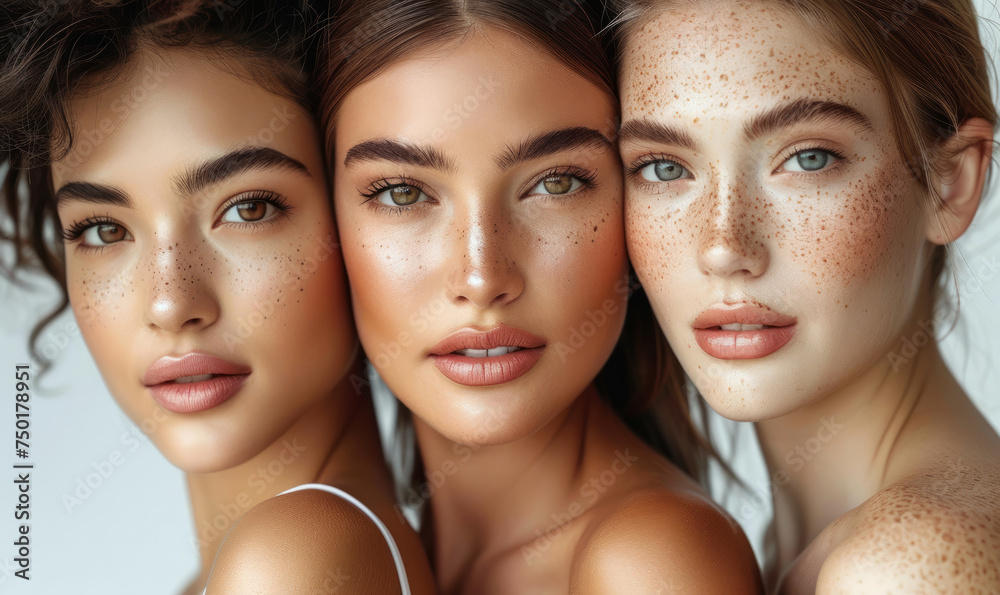 Ritratto di 3 visi di di belle donne con bellezza naturale e pelle ...