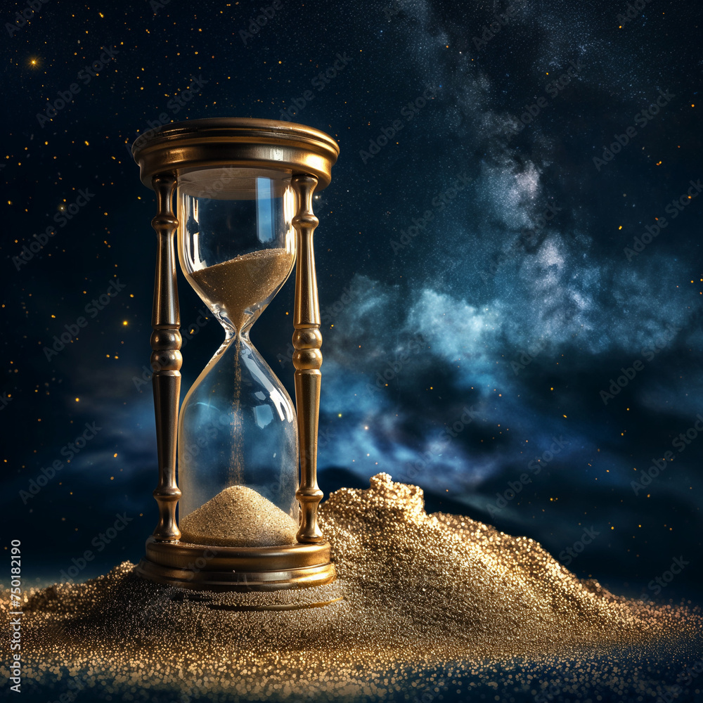 Timeless Elegance: Golden Hourglass on Cosmic Background with Stars and ...