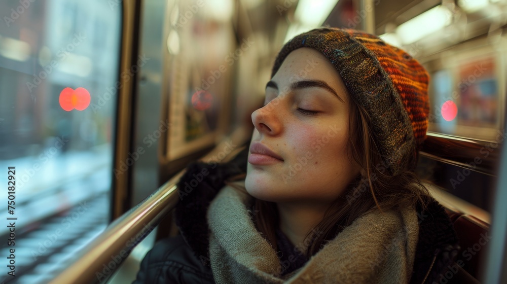Relaxed young woman with closed eyes in subway train. Urban commuting ...