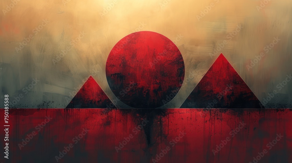 a painting with a red circle and two red triangles in the middle of the ...