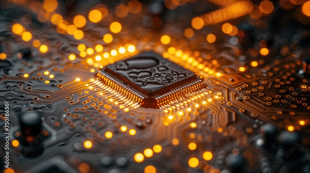 a close up of a computer chip on a printed circuit board with yellow ...