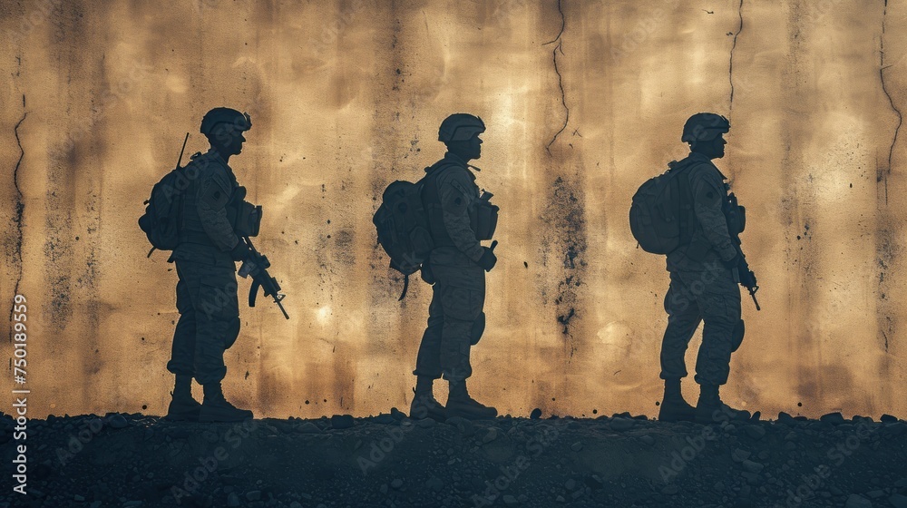 a group of soldiers standing next to each other in front of a wall with ...