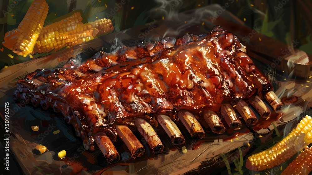 Artistic rendition of savory BBQ ribs with corn - Digital painting ...