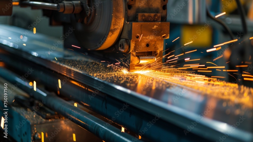 Close-up of a metal cutting machine at work, creating bright sparks in ...