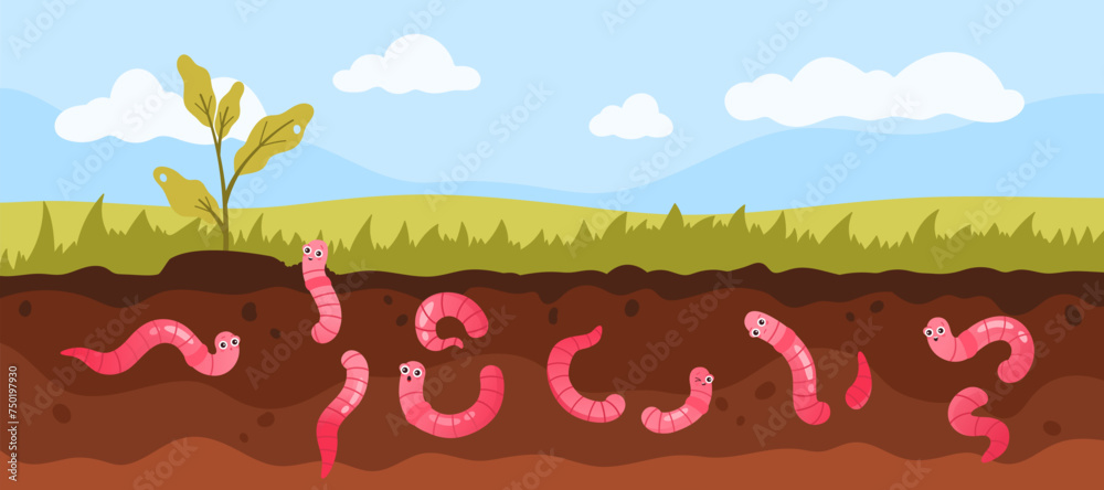 Soil layers diagram with green grass and worms underground. Cute useful ...