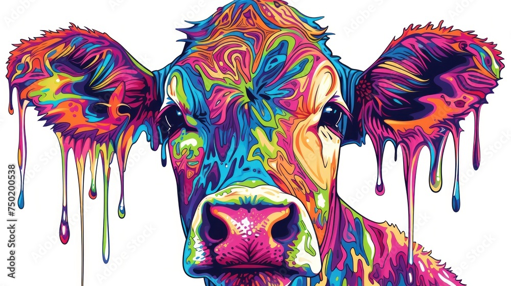 a painting of a cow's face with colorful paint drips on the cow's face ...