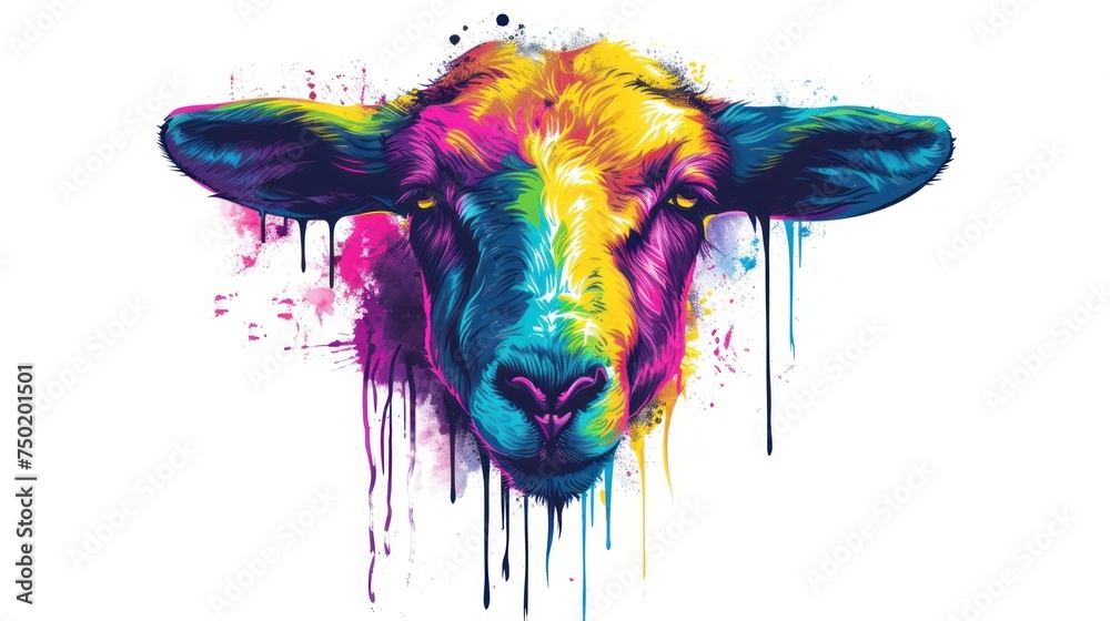 a colorful painting of a cow's head with paint splatters all over it's ...