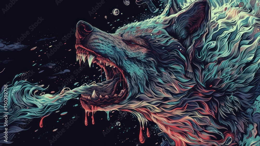 a painting of a wolf with its mouth open and blood dripping down the ...
