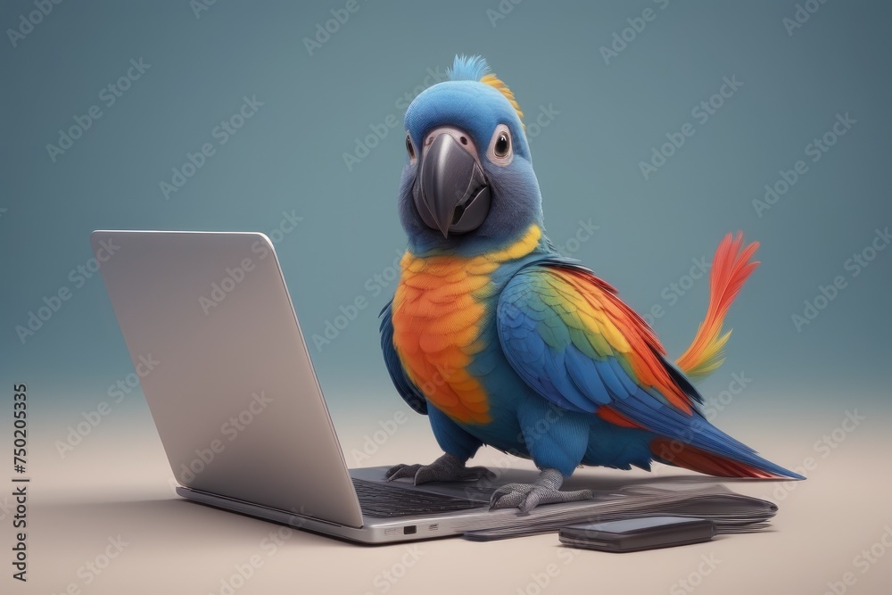 3D illustration cute parrot with laptop.Feature the illustration in ...