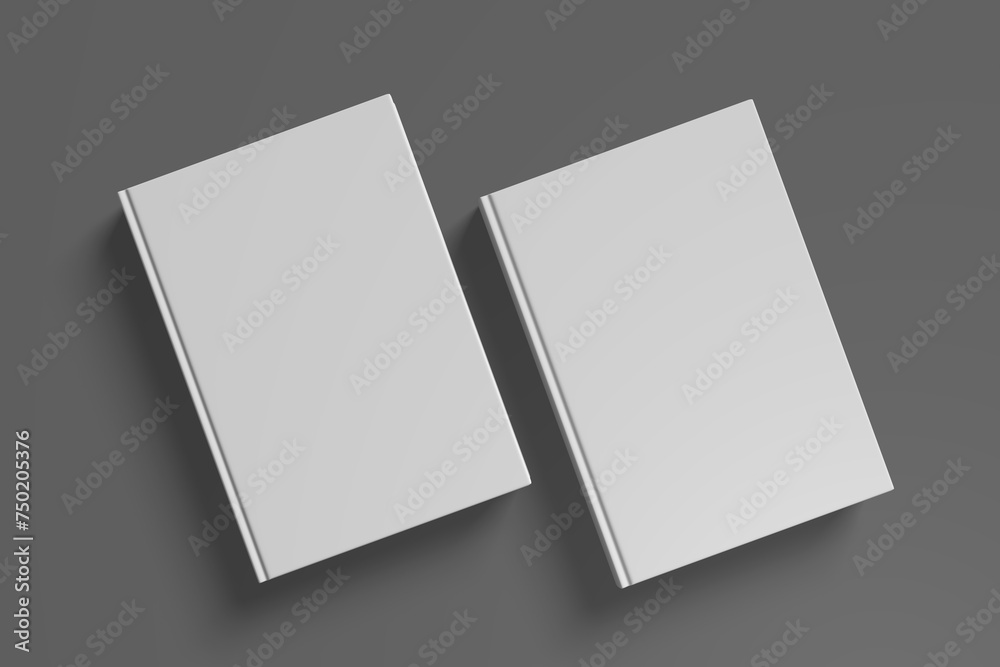 Realistic 3D book mockup illustration with 2 hard covers. Book model standing on shaded isolated ...