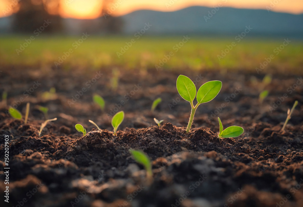 A small green plant is breaking through the soil, reaching towards the ...
