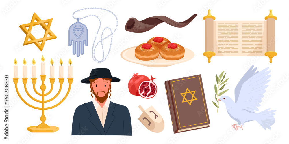 Judaism, Jewish religion and culture set. Hanukkah festival symbols and ...