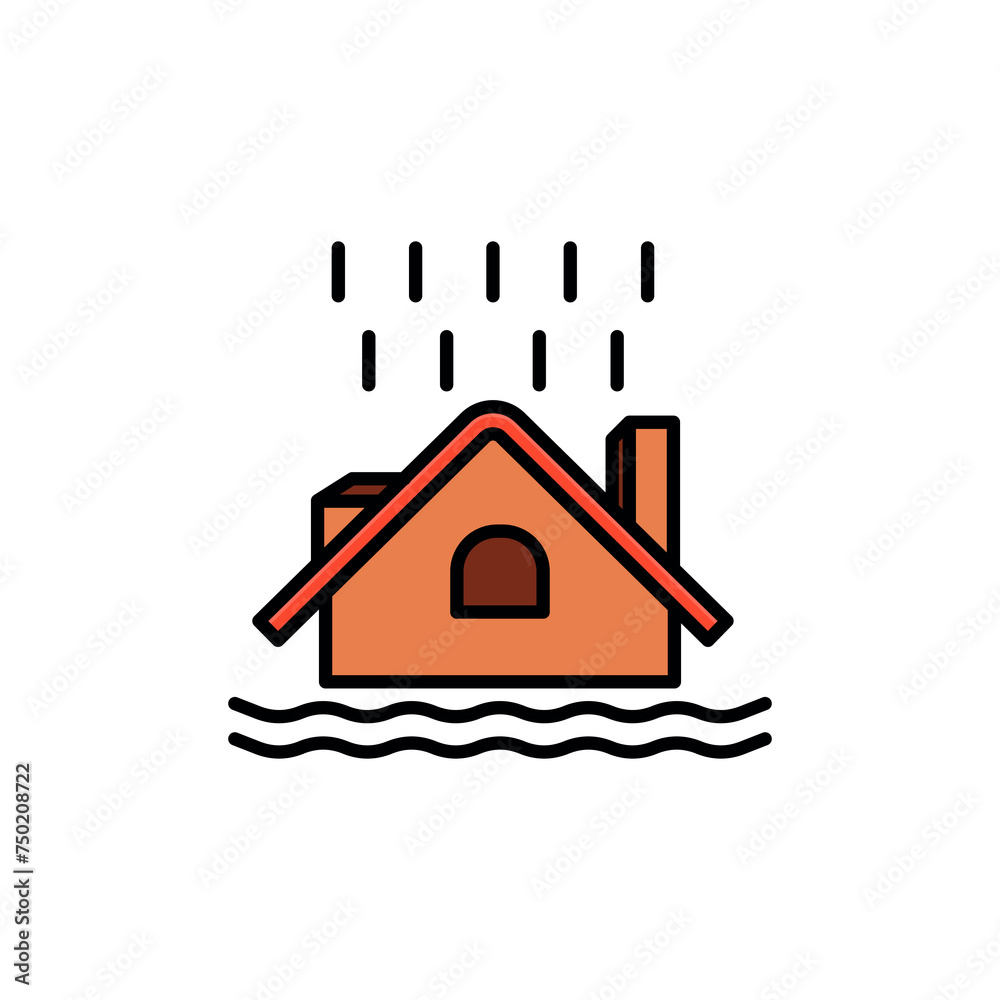 Vetor de ikon rumah banjir karena hujan, rumah dalam gelombang air ...