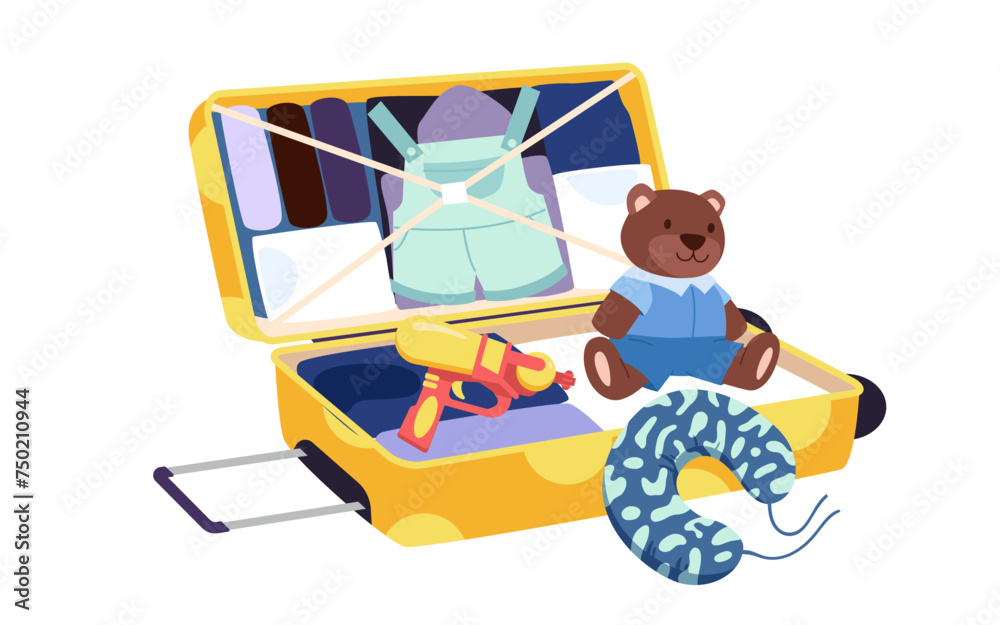 Open kids yellow suitcase with childish clothes and toys inside ...