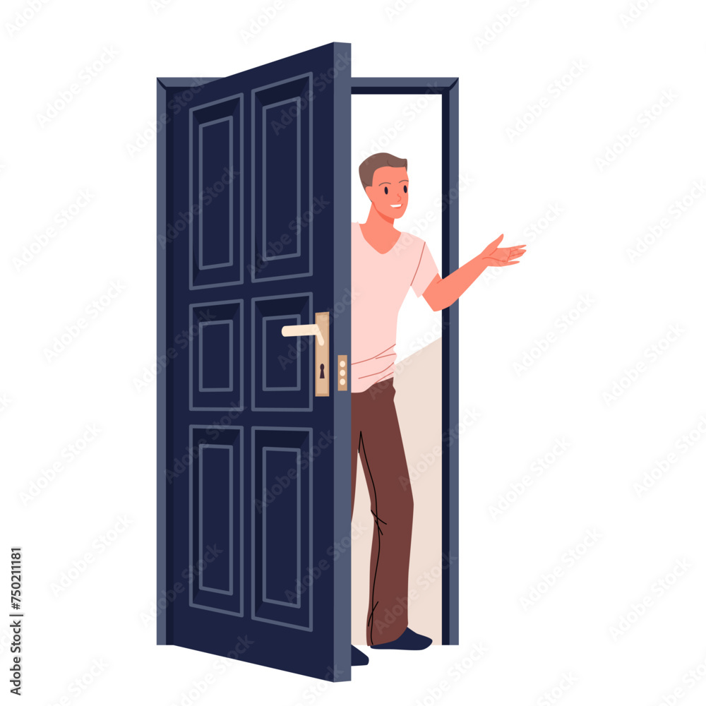 Man standing in doorway to open door of home apartment and invite ...