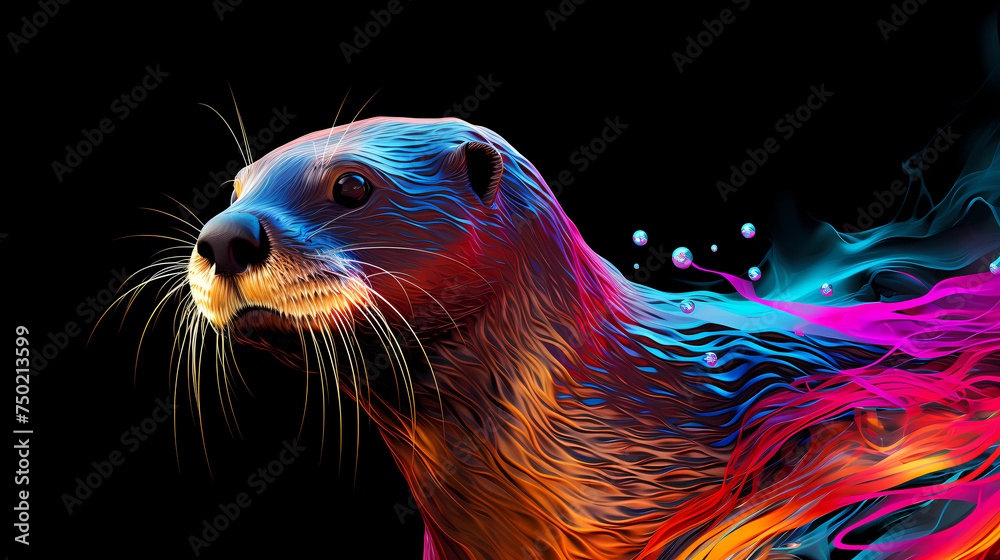Sea Otter Animal Plexus Neon Black Background Digital Desktop Wallpaper ...