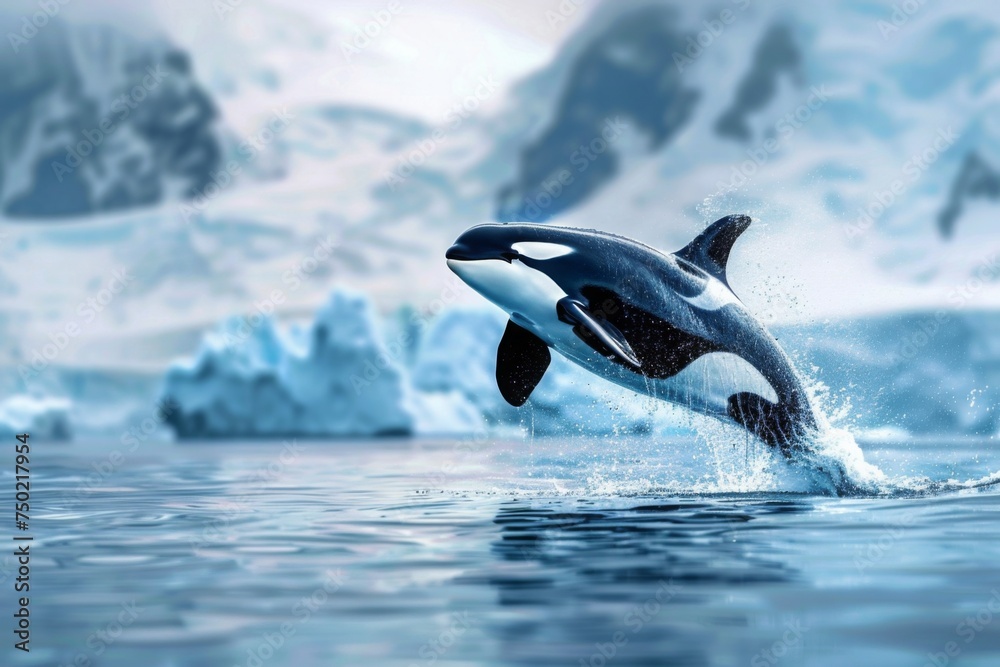 Majestic orca whale jumping out of sea with iceberg backdrop ...