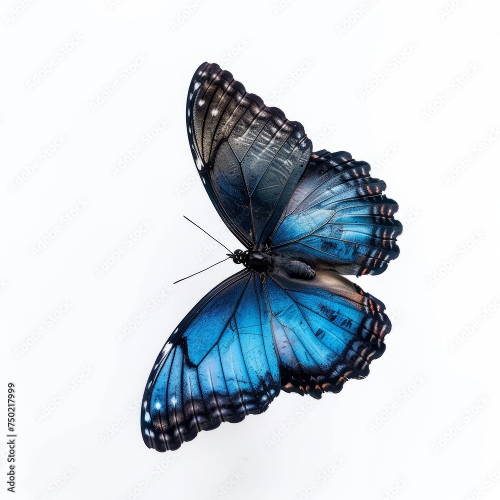 Beautiful blue butterfly close-up portrait, white background Stock ...