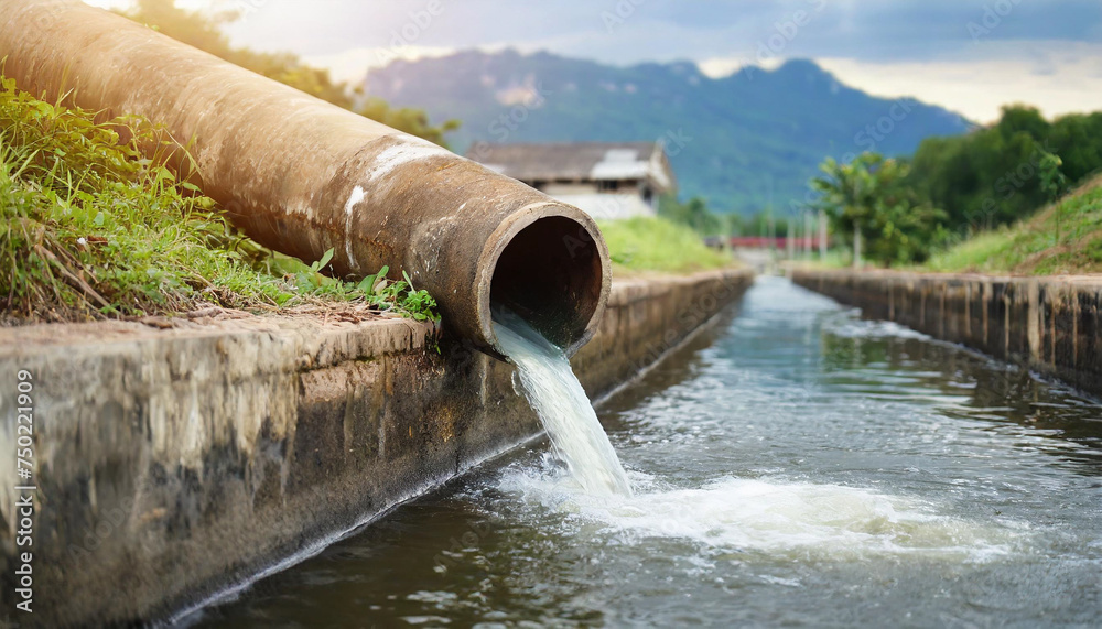 Industrial pipe discharges polluted water into canal, depicting ...