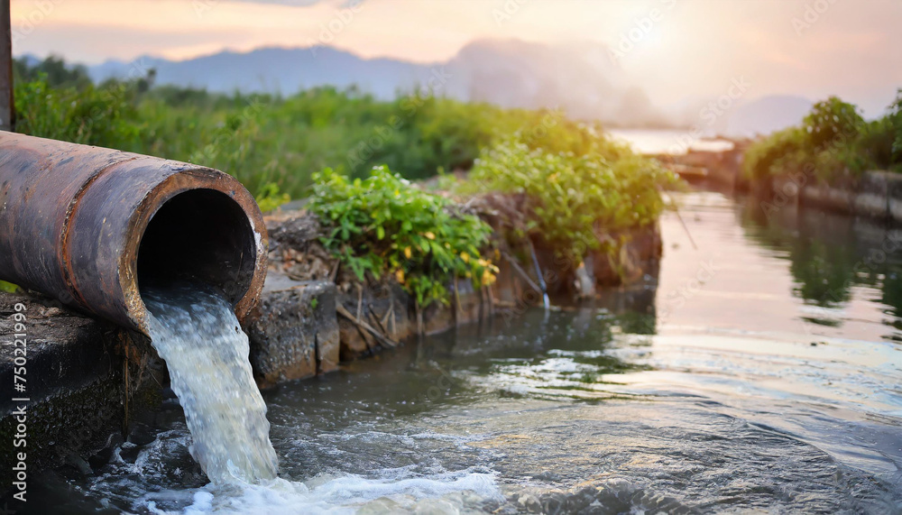 Industrial pipe discharges polluted water into canal, depicting ...