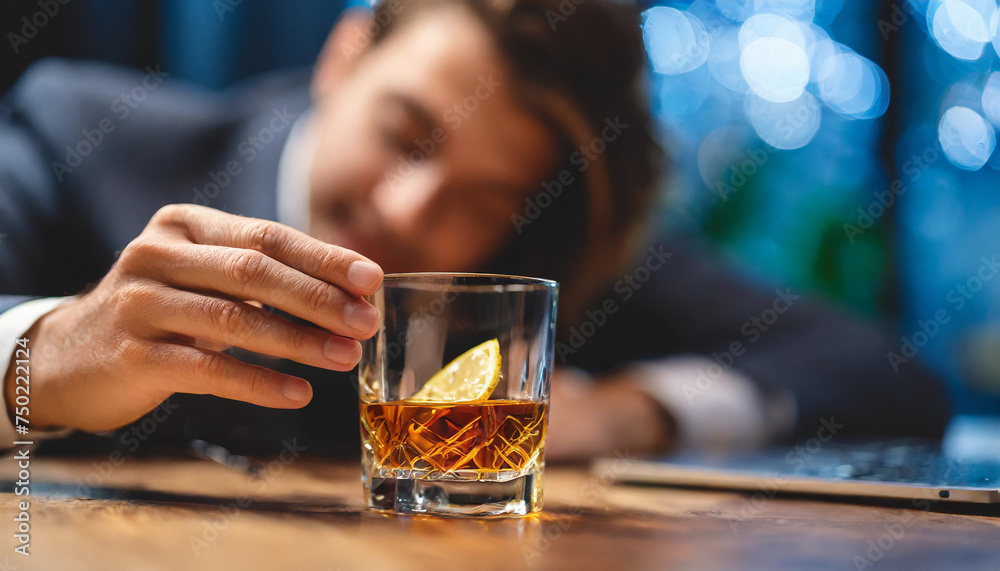passed out, head on table, hand holding whiskey, blurred background ...