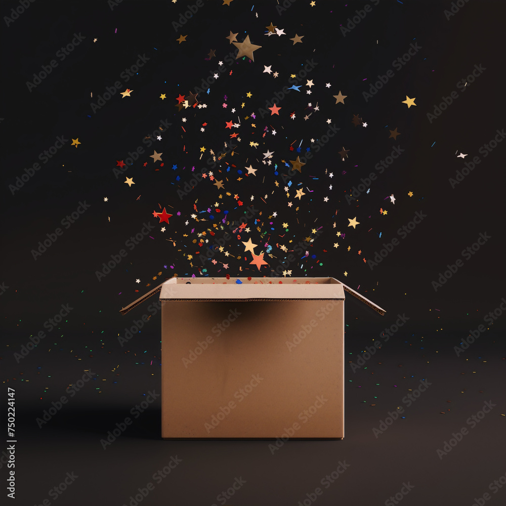 A brown cardboard box with an explosion of colorful confetti stars on a ...