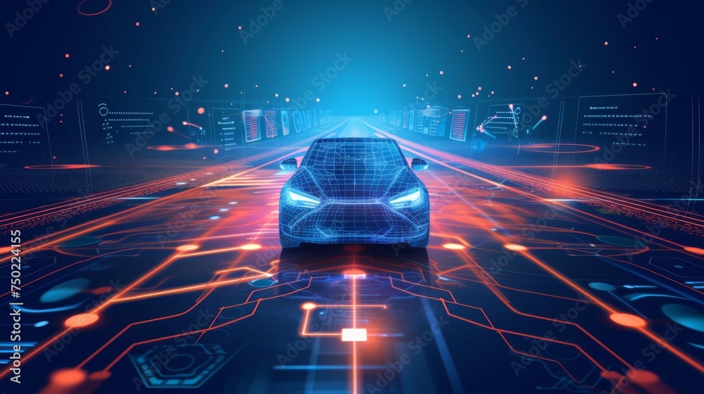 Autonomous Vehicle Interface - Front View Digital Car in Blue and Gold ...