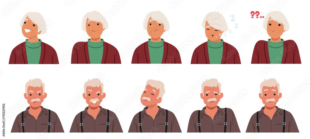 Old Man And Woman Face Expressions And Emotions. Male Or Female ...
