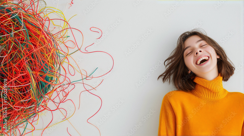 Laughing girl and colorful wires representing mental health awareness ...