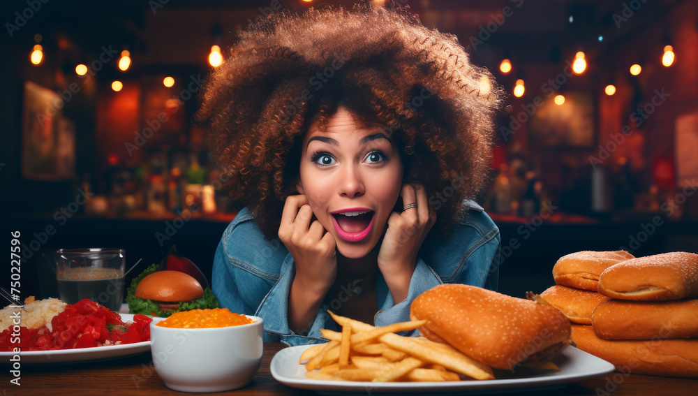 Young black woman with parodic expression sitting at restaurant table ...