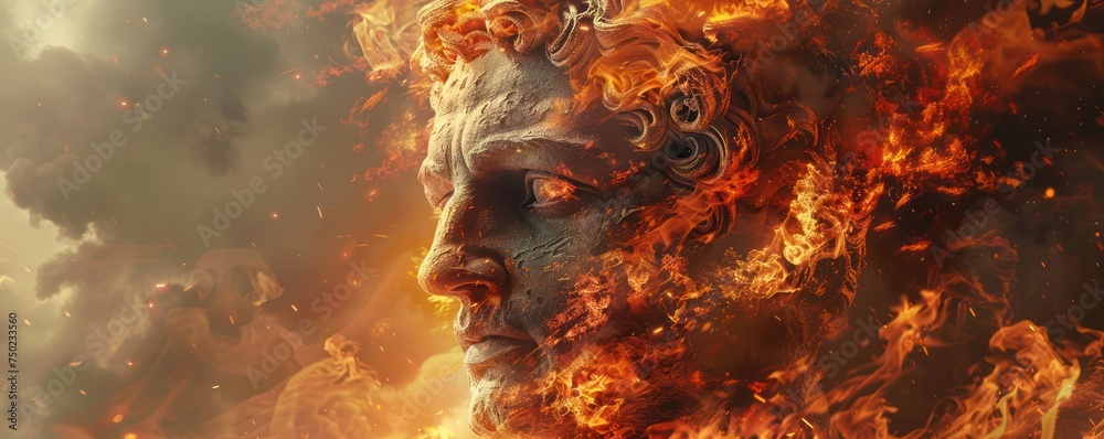 Hell s fire engulfs a Greek statue its stoic expression juxtaposed with ...