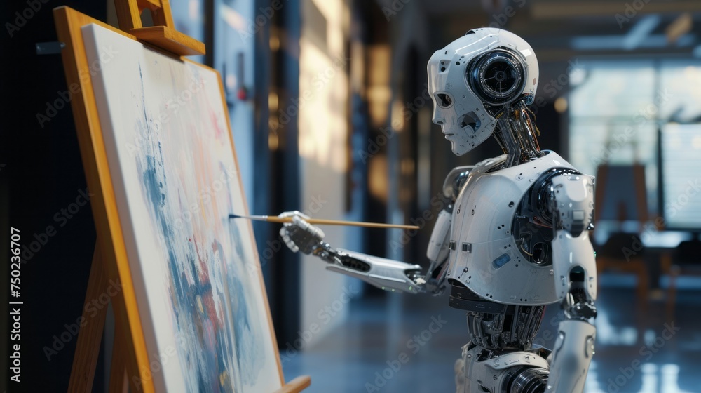 An AI robot paints with a brush on an easel. Realistic humanoid artist ...