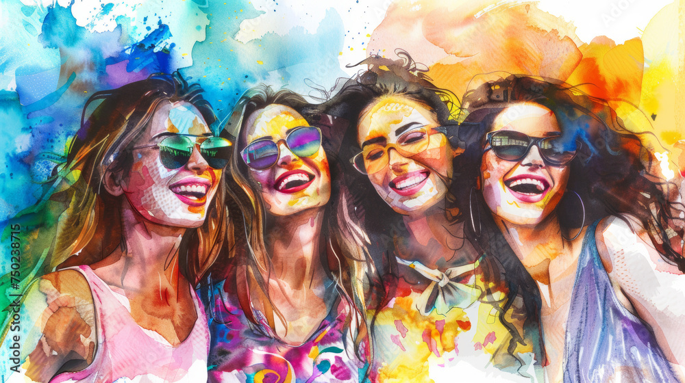 Diverse group of women in watercolor art. Infectious laughter and ...