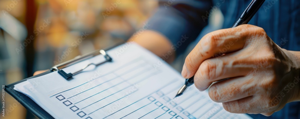 A man holding a checklist file in his hand and checking it with a pen ...