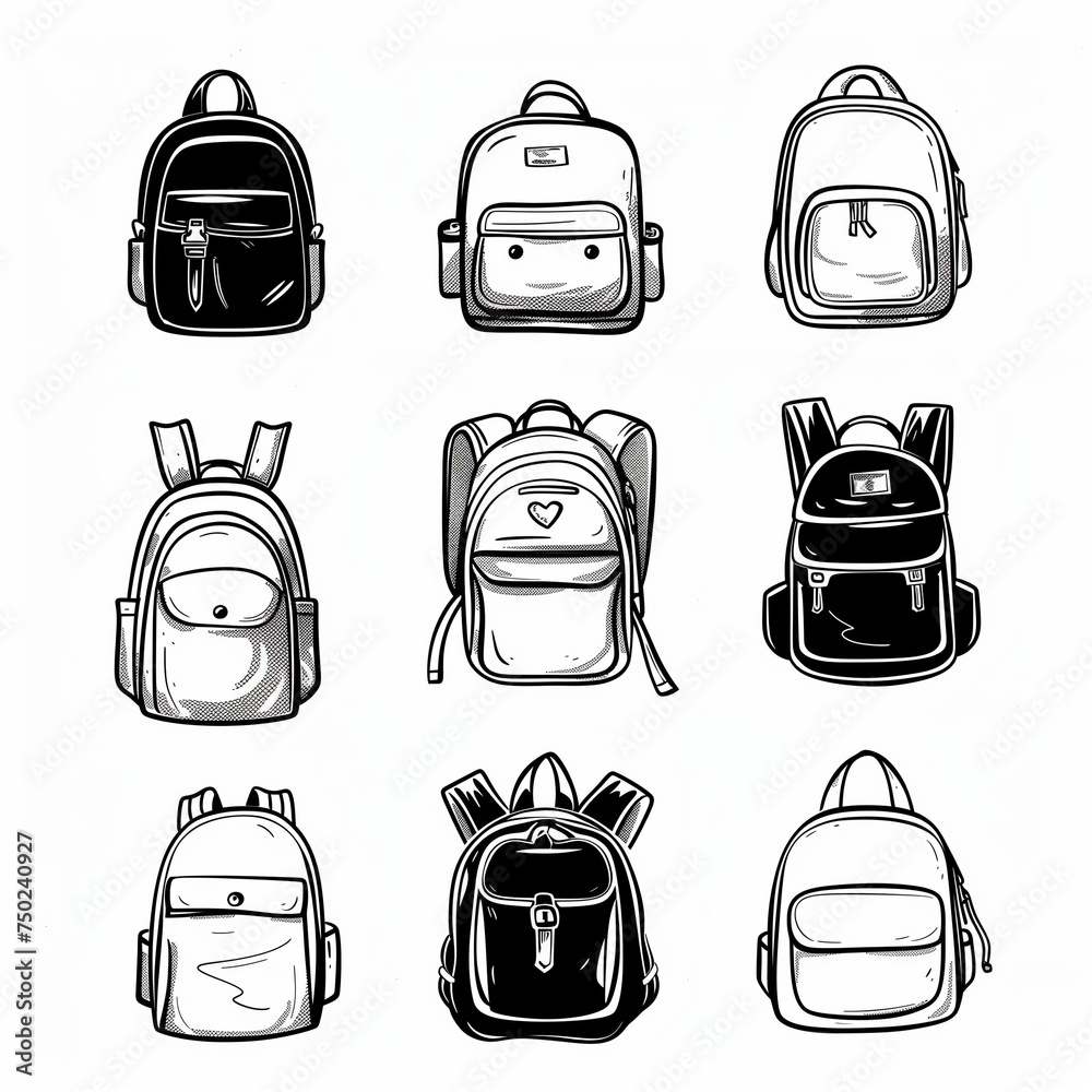 Black and White Backpack Clipart Set: Minimalist Design for Back to ...