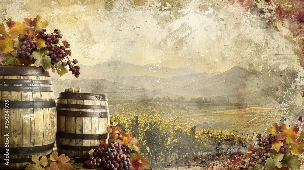 Rustic abstract vineyard scene with wine barrels for gourmet foods and ...