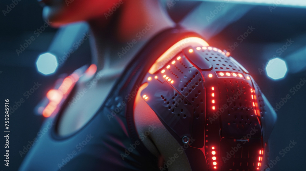 A detailed shot of a users shoulder with an AR overlay indicating the ...