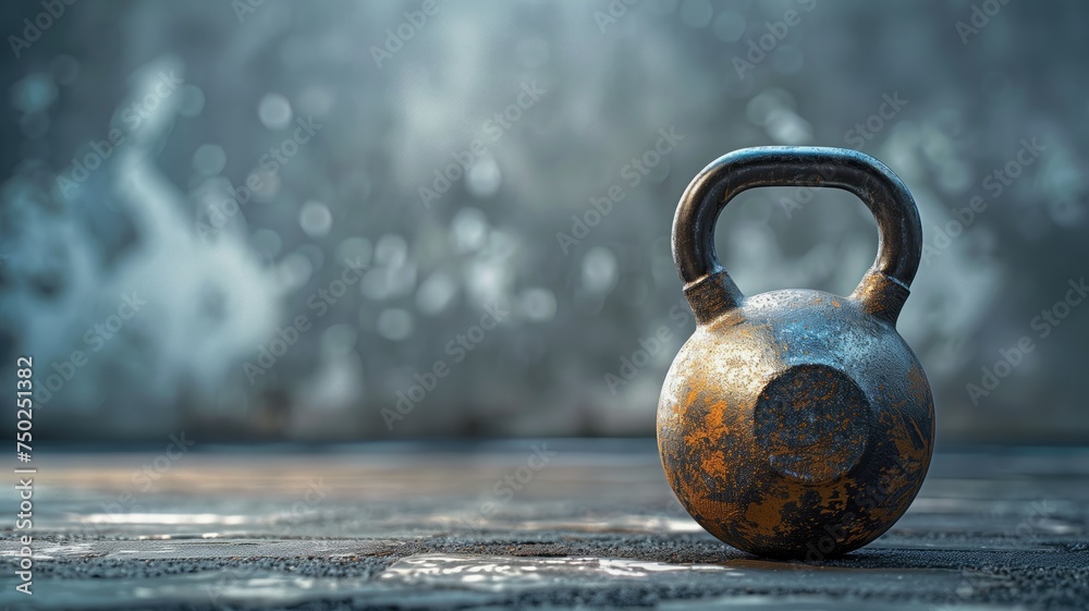An old, rustic kettlebell sits alone on the gym floor, symbolizing ...