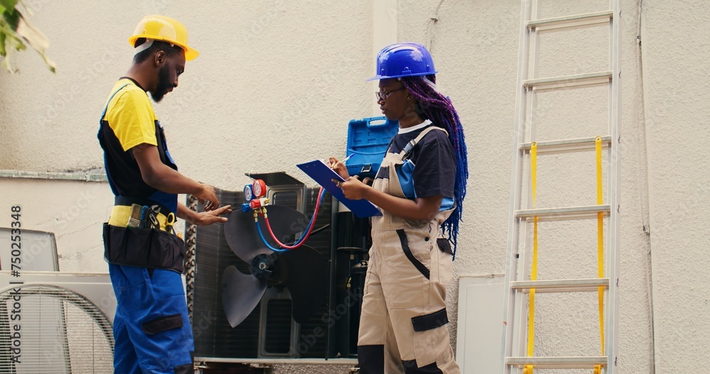 Diverse team of capable electricians brainstorming possible ways to ...