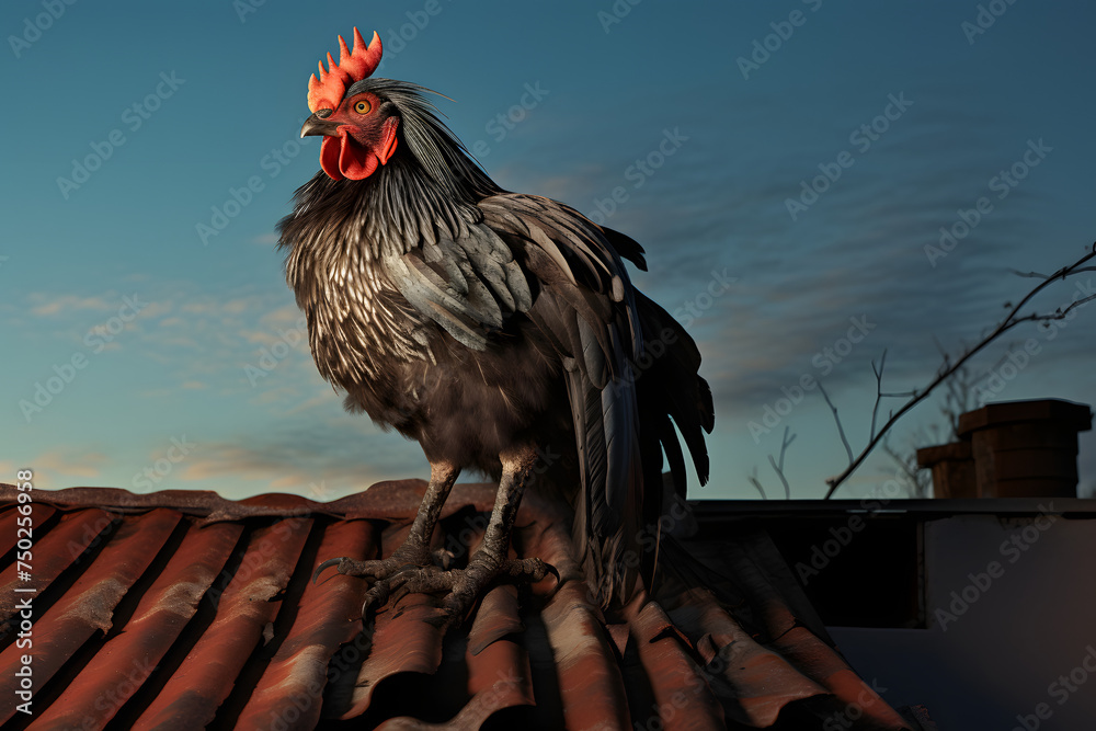 Rooster on a Roof, chicken on roof, rooster chicken sitting on a roof ...