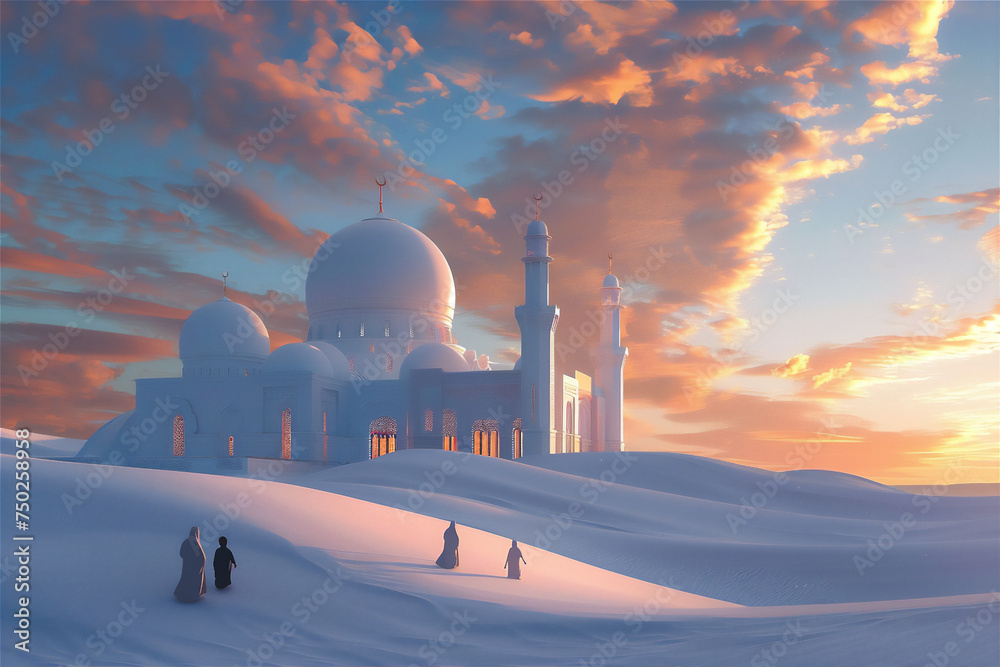 Muslim Family Go to Mosque to pray at sunset Stock Photo | Adobe Stock
