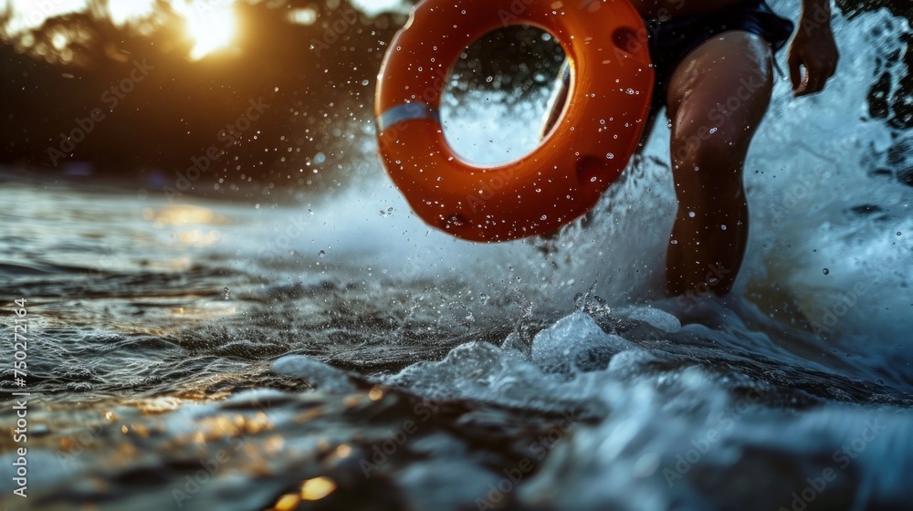 Close up of Lifeguard Holding Ring, Running Towards the Sea Ocean, A ...