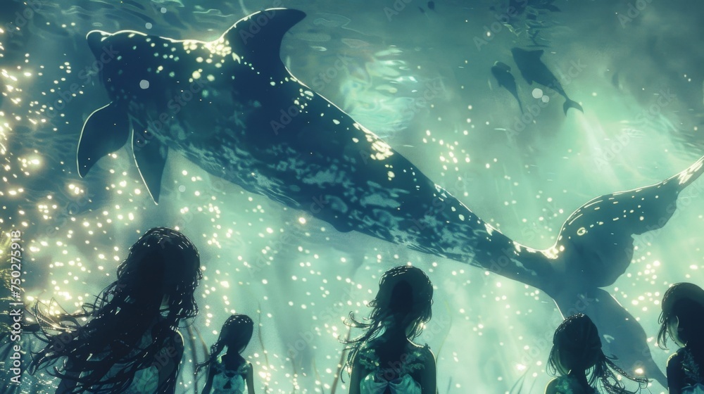 Deep in the vast ocean a group of mermaids gather together their tails ...