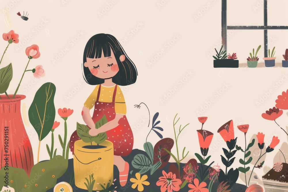 Cartoon cute doodles of a little girl planting flowers in her backyard ...
