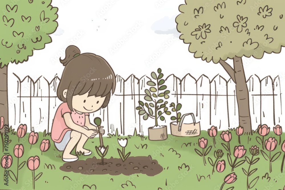 Cartoon cute doodles of a little girl planting flowers in her backyard ...